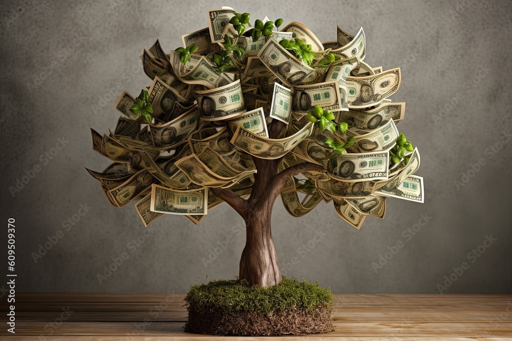 Money tree on wooden floor and gray background, tree with banknotes ...