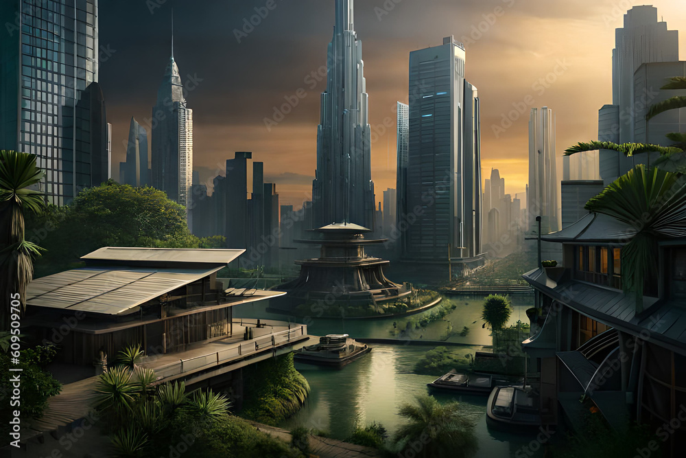 futuristic rendering city megacity cyberpunk scifi 3D illustration ...