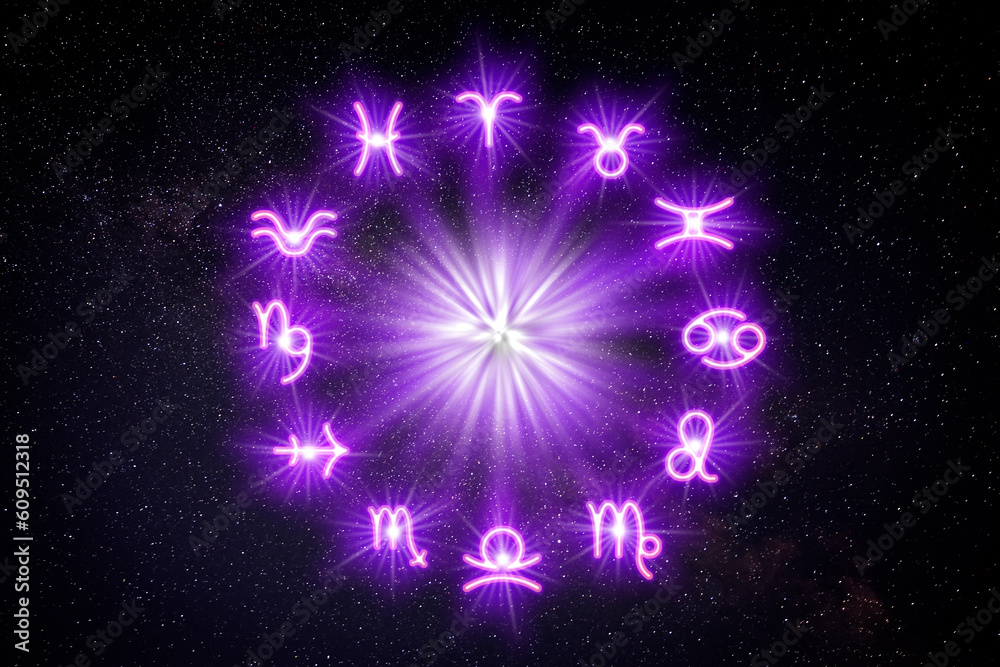Zodiac wheel with twelve signs on starry sky background. Horoscopic ...