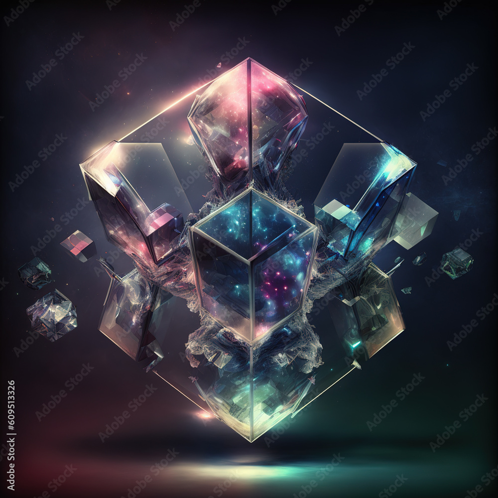 Modern digital abstract art of glassy geometric transparent cubic shape ...