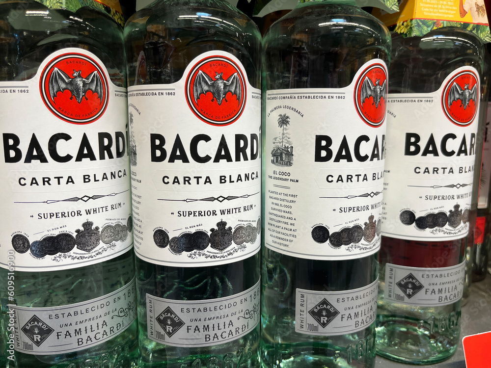 GERMANY - JUN 03, 2023: Bacardi Carta Blanca Bottles Showcased in Style Stock Photo | Adobe Stock