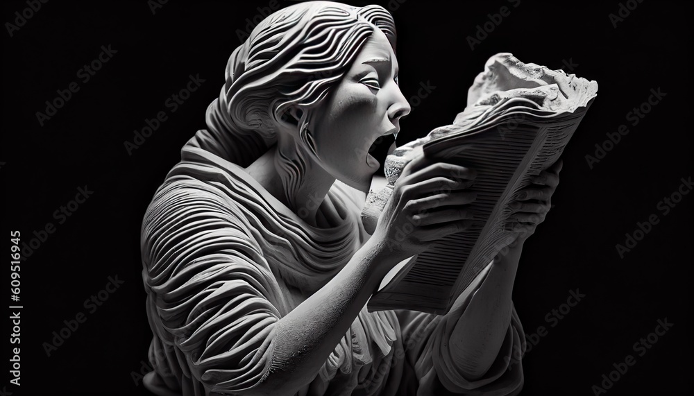 Sculpture of a screaming woman reading a book Black and white abstract ...