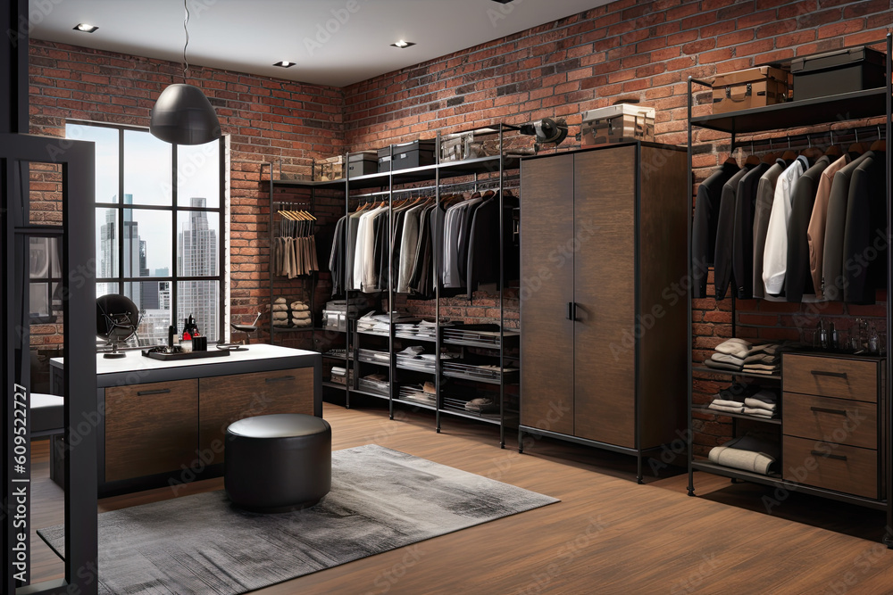 Interior of modern walk-in closet for men with exposed brick, modern ...