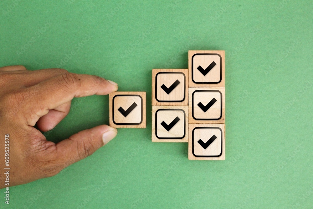wooden square with right sign icon. correct sign concept. the concept ...