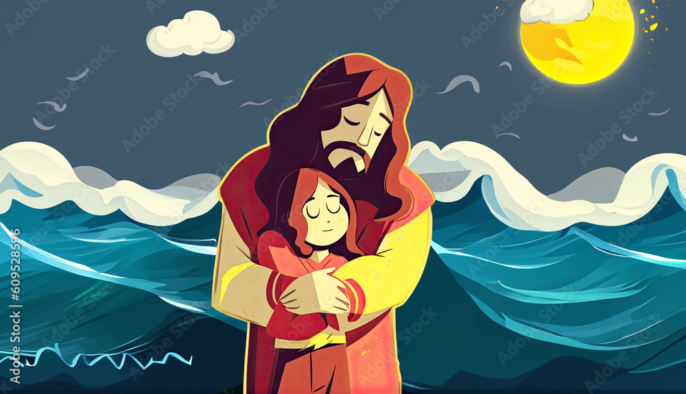 Cartoon drawing of Jesus comforting hug people illustration that can be ...