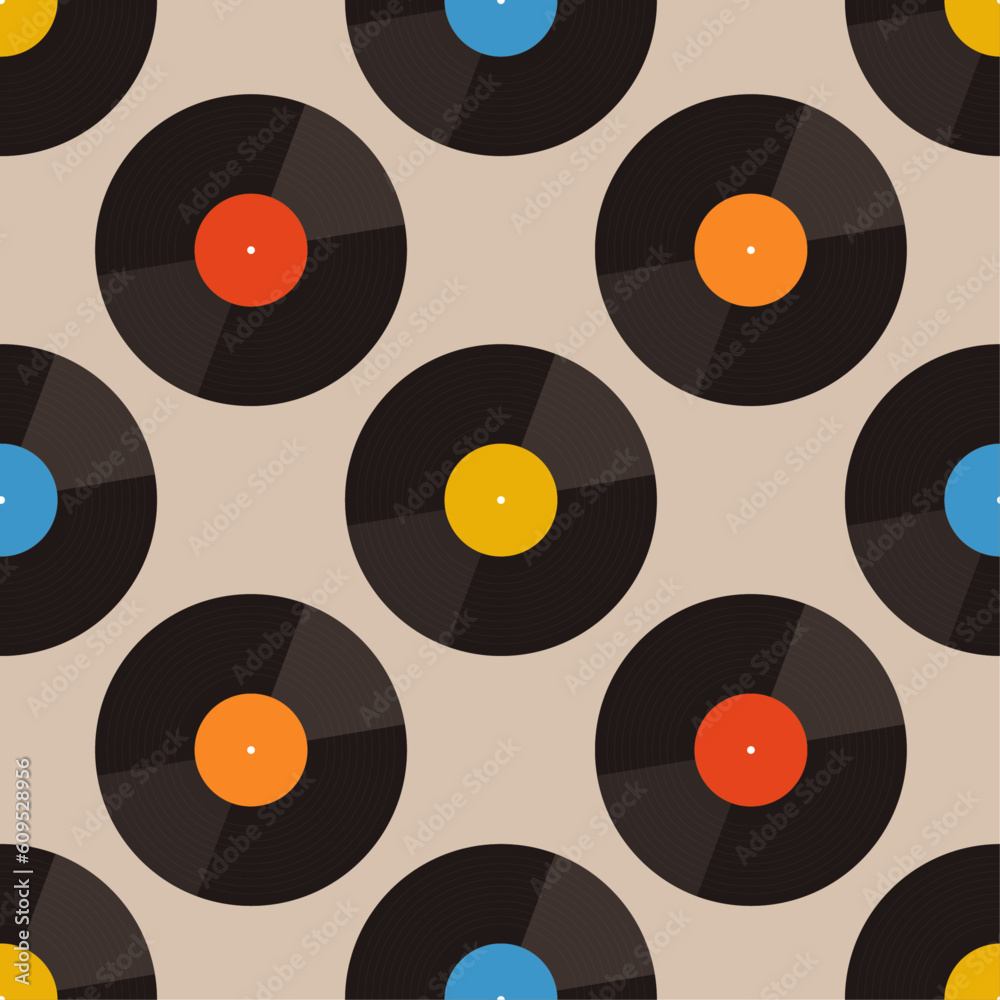Retro vinyl records seamless vector pattern. Vintage 70s design in a ...