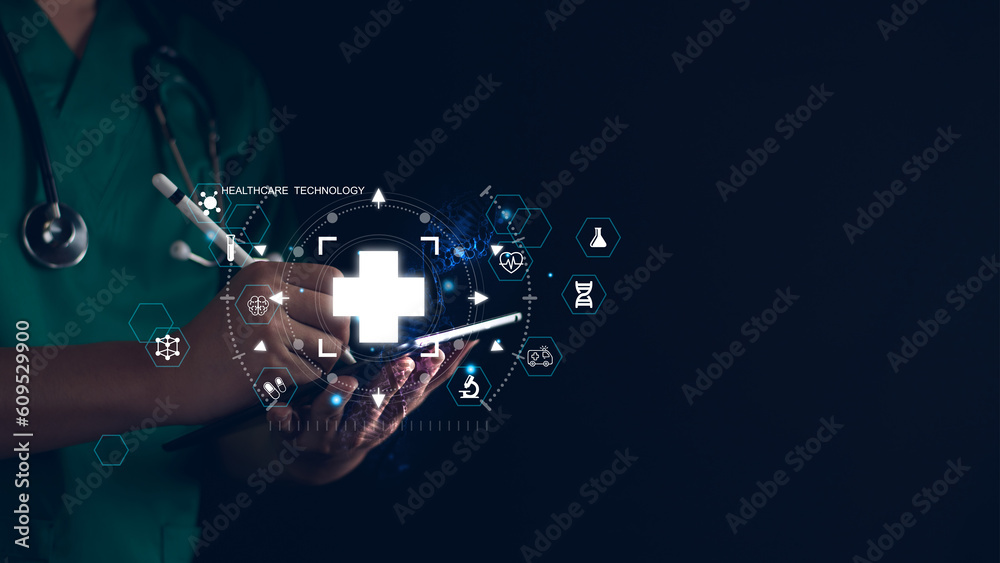 Medicine doctors diagnosis and take note electronic medical record. DNA ...