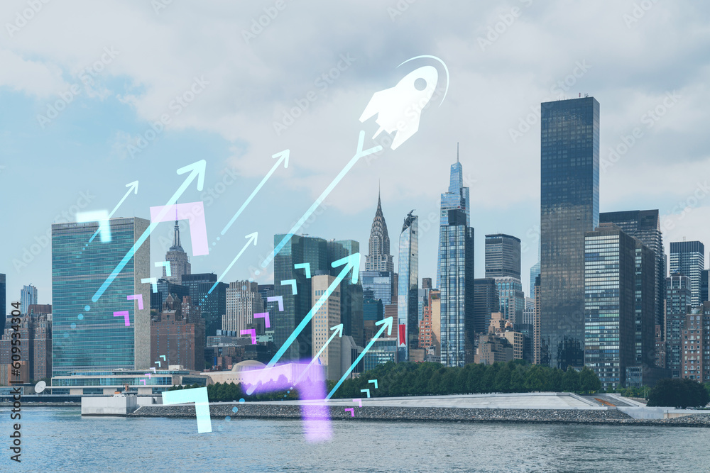 New York City skyline, United Nation headquarters over the East River ...