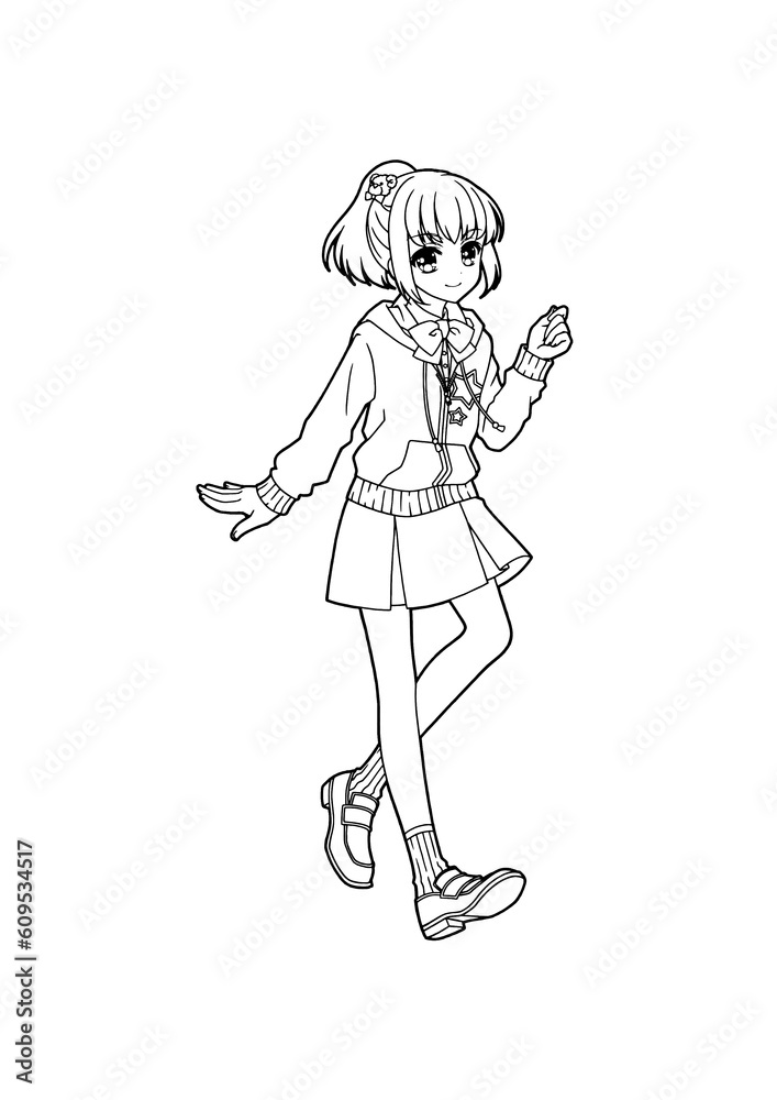 Clip art of anime style girl(full body) for coloring book Stock ...
