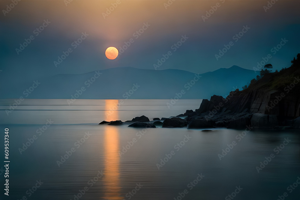 Moonlight in ocean landscape. The ocean stretches out as far as the eye ...