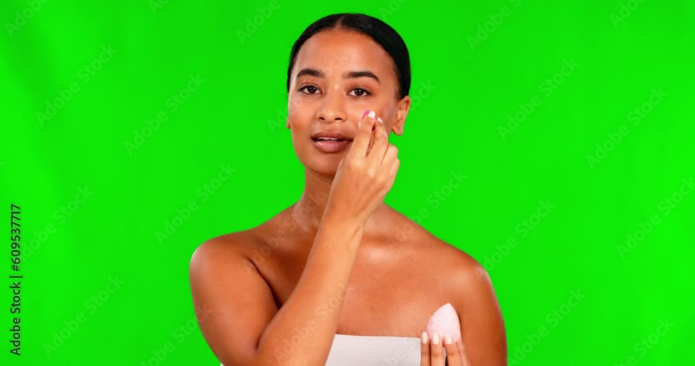Green screen, makeup and woman with beauty blender and blush in studio ...