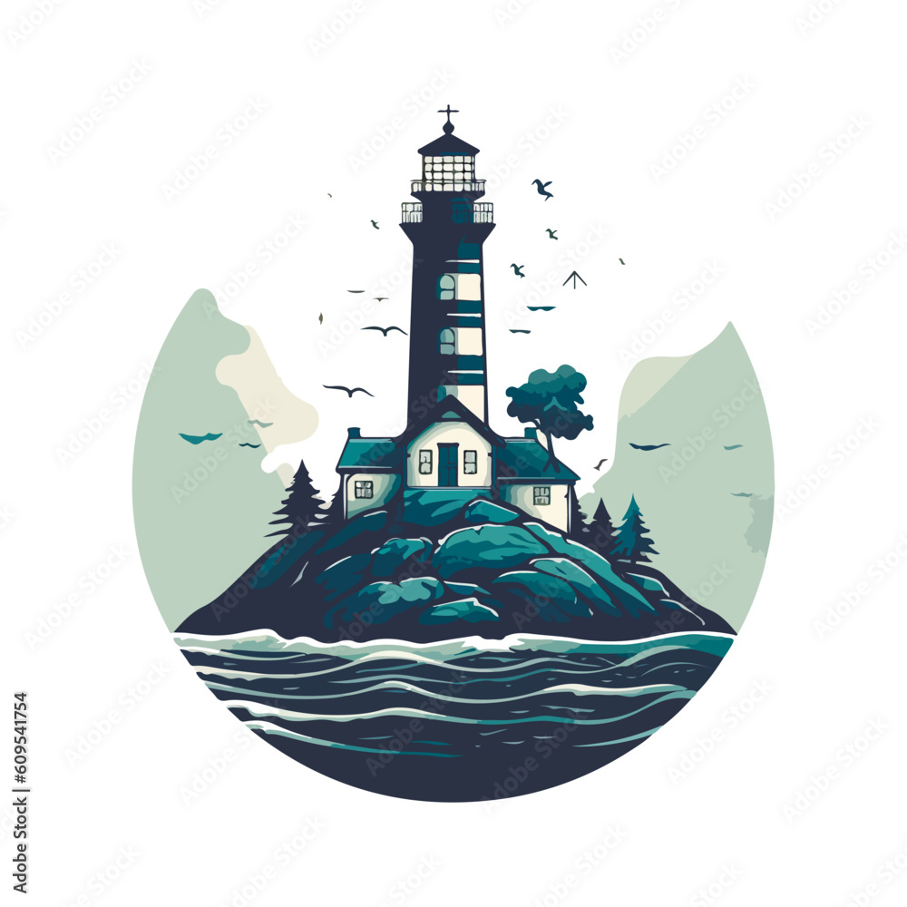 Lighthouse in the ocean on the small rocky island vector logo emblem ...