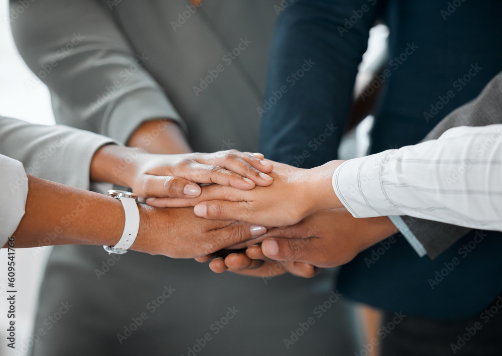Collaboration, hand or huddle of group of employees with motivation ...