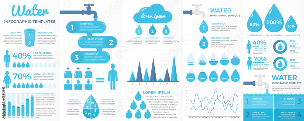Set of water infographic templates with tap, water drops, glasses, bar ...