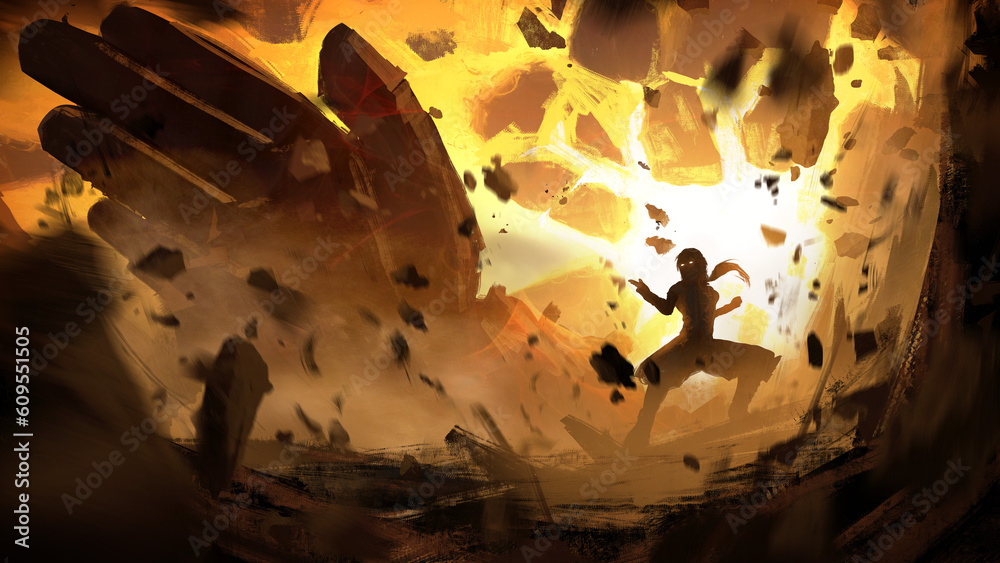 kung fu fighter girl in an epic fighting pose cuts the air with her ...