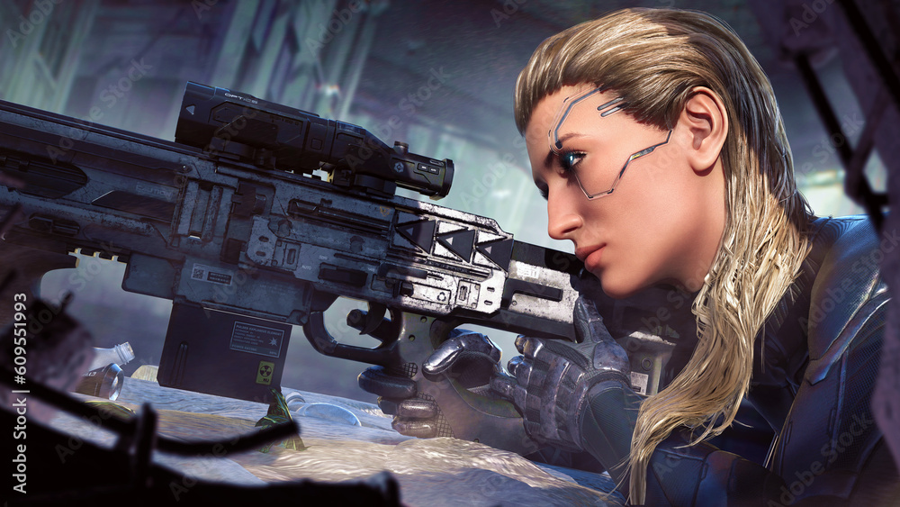 Beautiful mature woman with blonde hair. She is a cyborg sniper in a ...