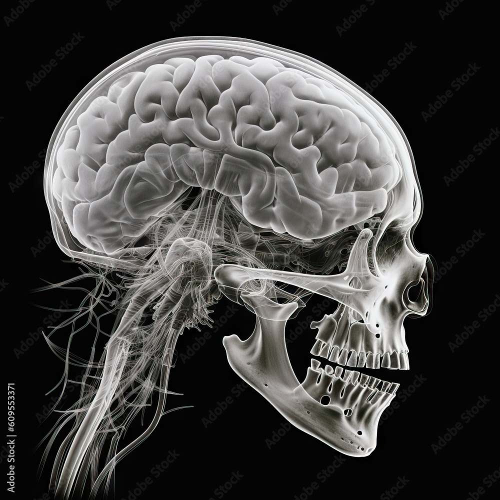 A detailed X-ray radiograph image of a human brain, highlighting the ...