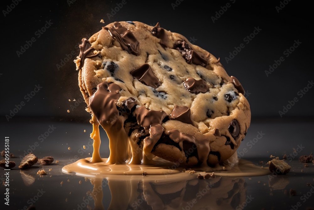Falling shortbread chocolate chip cookie falling into peanut butter or ...