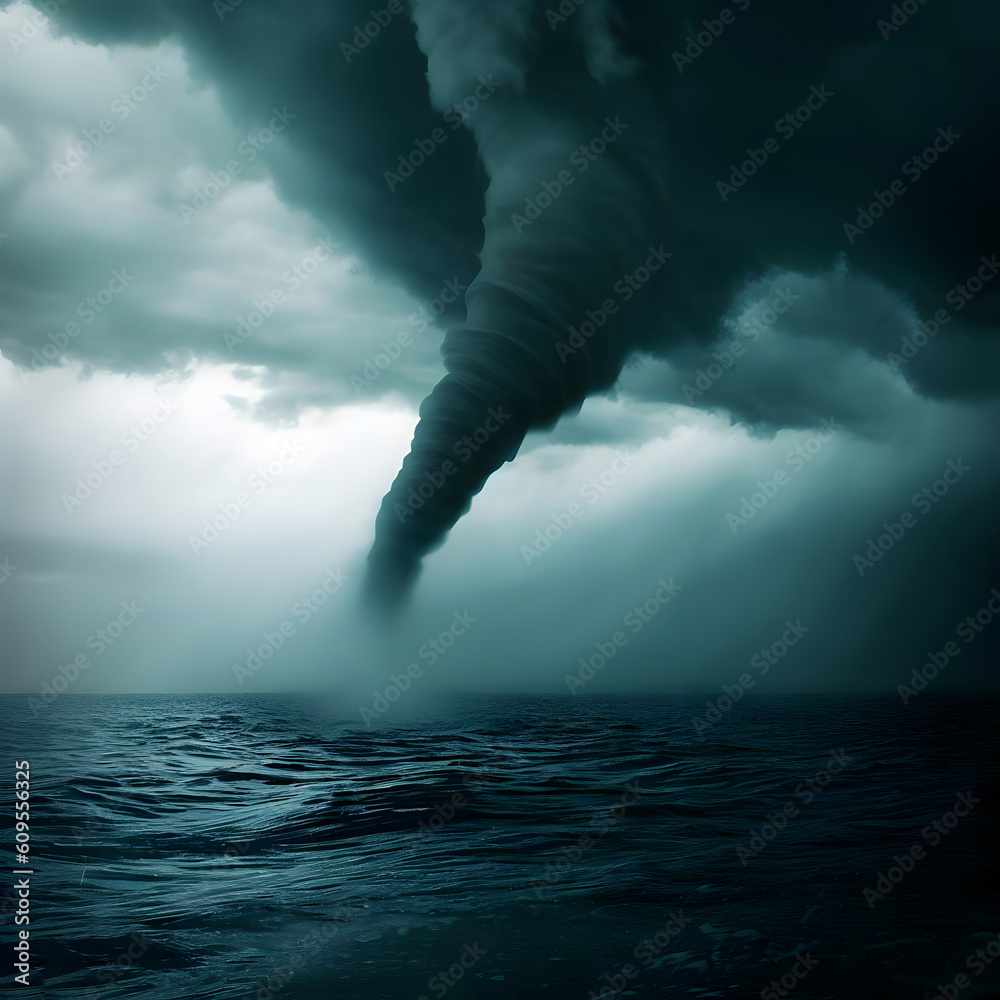 twisted huge tornado storm effects on ocean water with clouds created ...