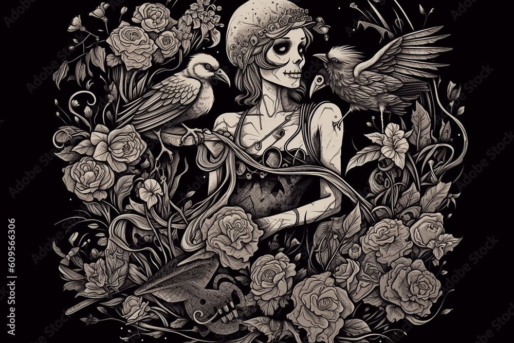 Fairy bird tattoo with skull and gallows, in the style of noir comic ...
