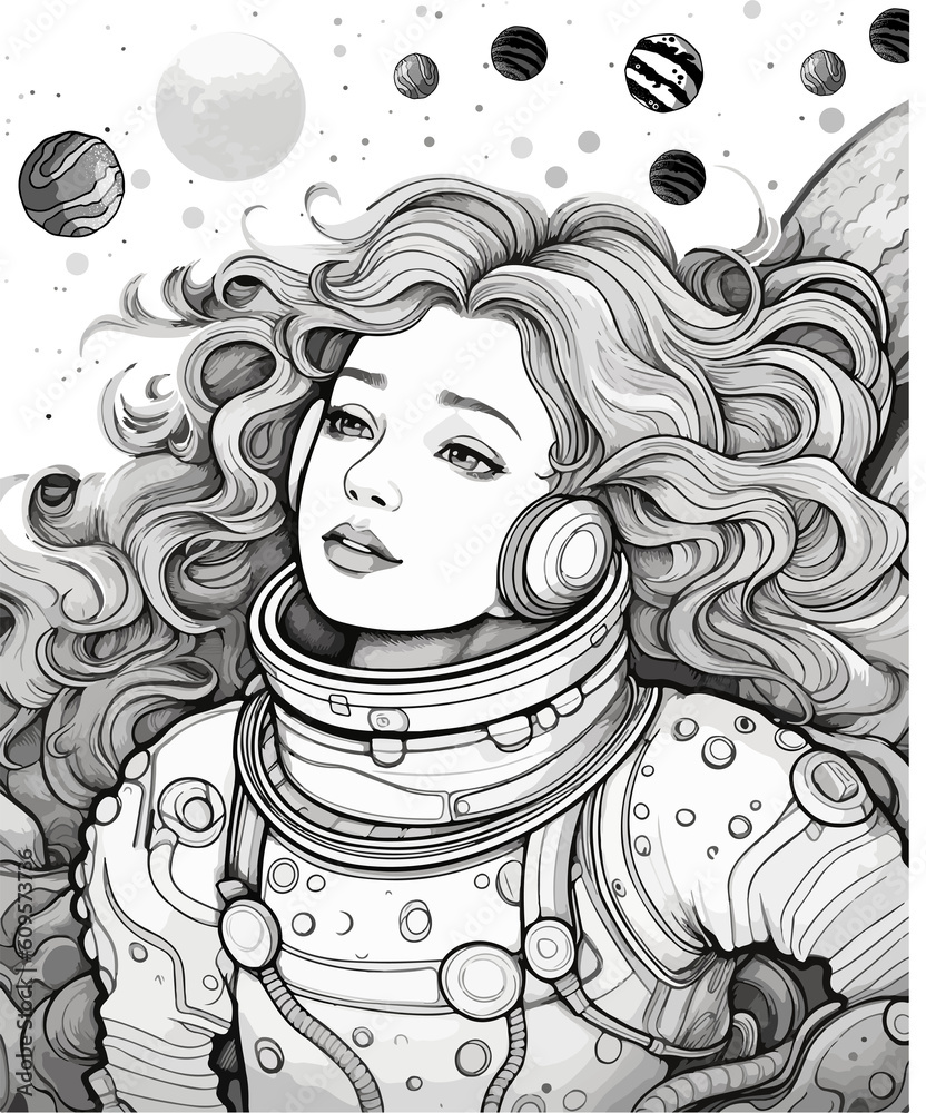 Vector illustration girl a astronaut in space coloring book for kids ...