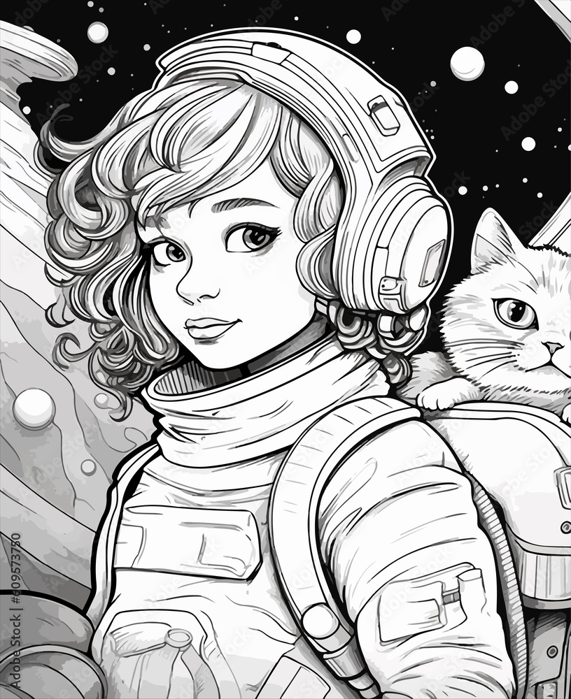 Vector illustration girl a astronaut in space coloring book for kids ...