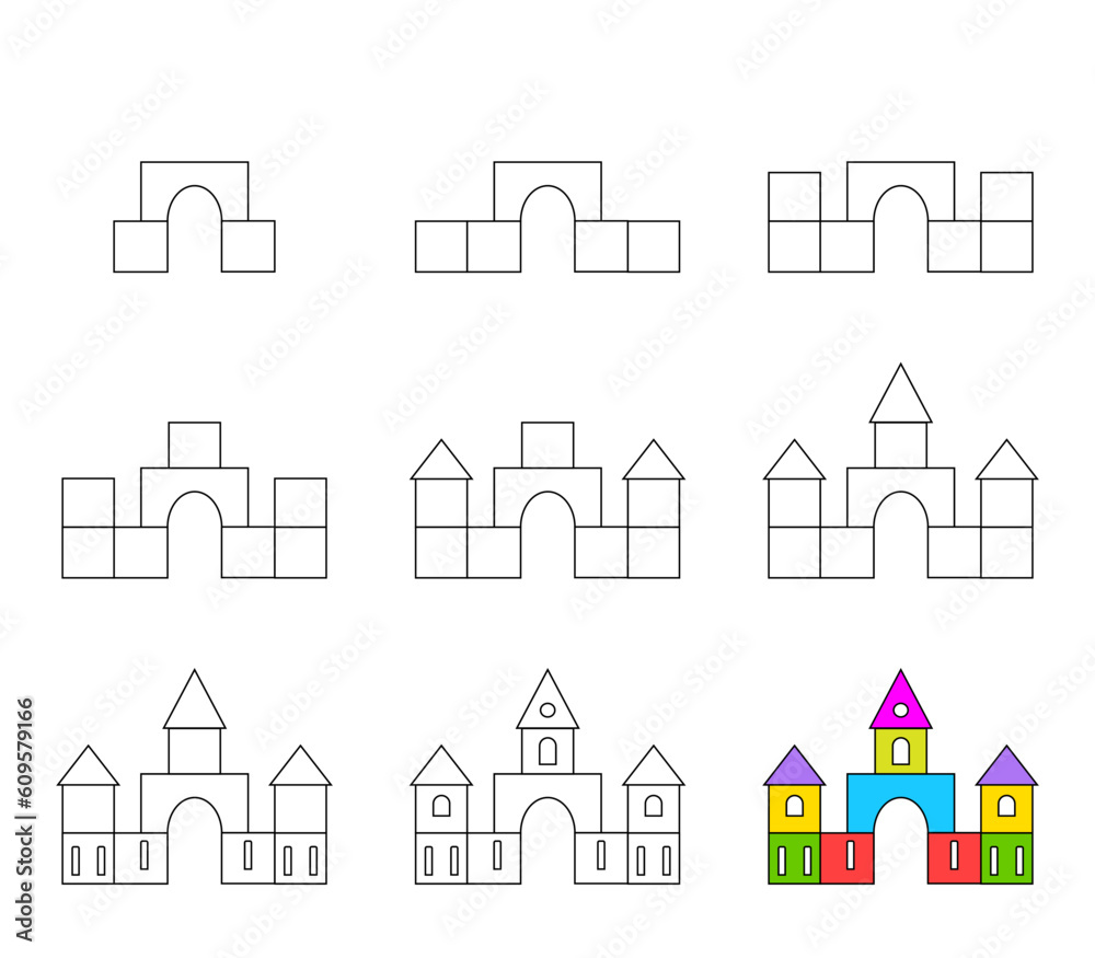 Worksheet easy guide to drawing castle. Simple step by step drawing ...