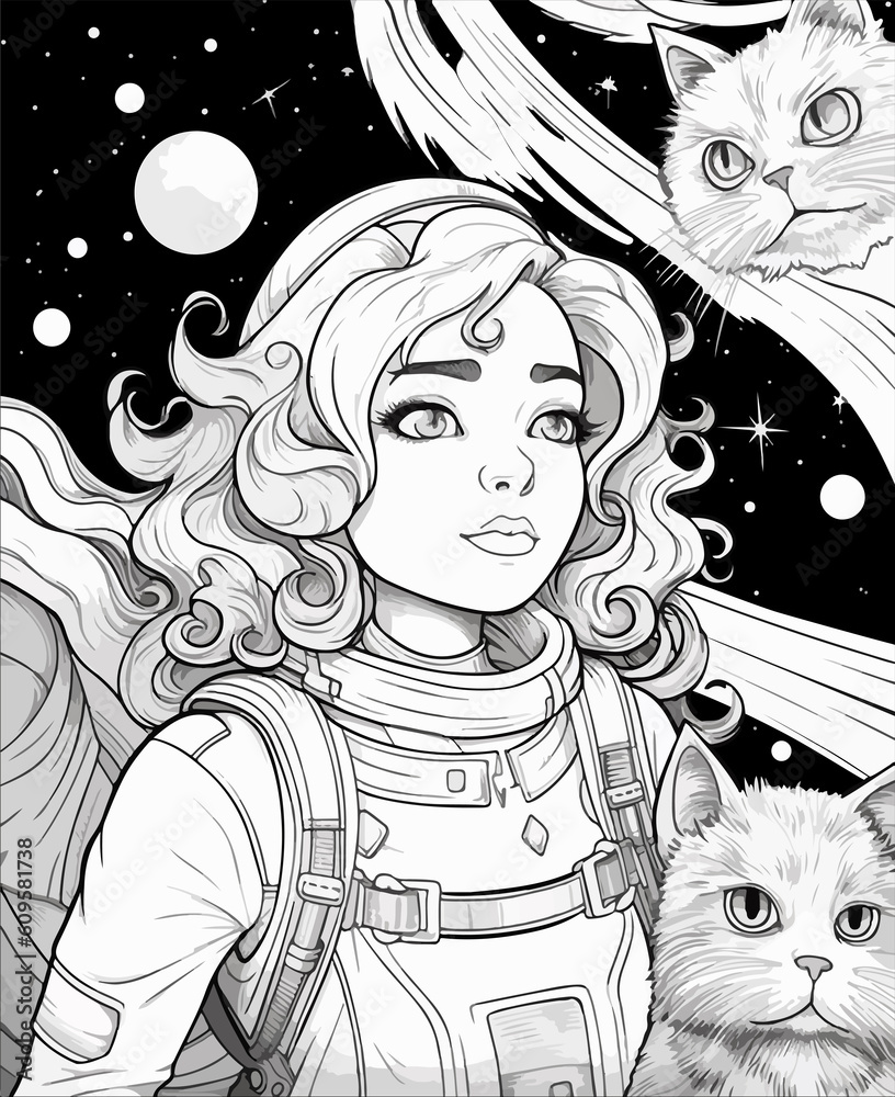 Vector illustration girl a astronaut in space coloring book for kids ...