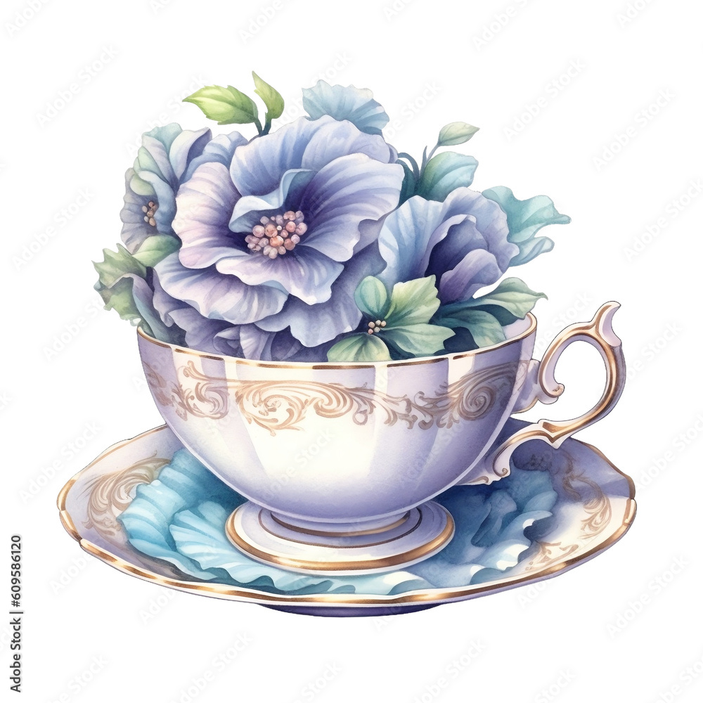 Vintage Tea Cup with Flowers Watercolor Clipart, Afternoon tea, tea ...