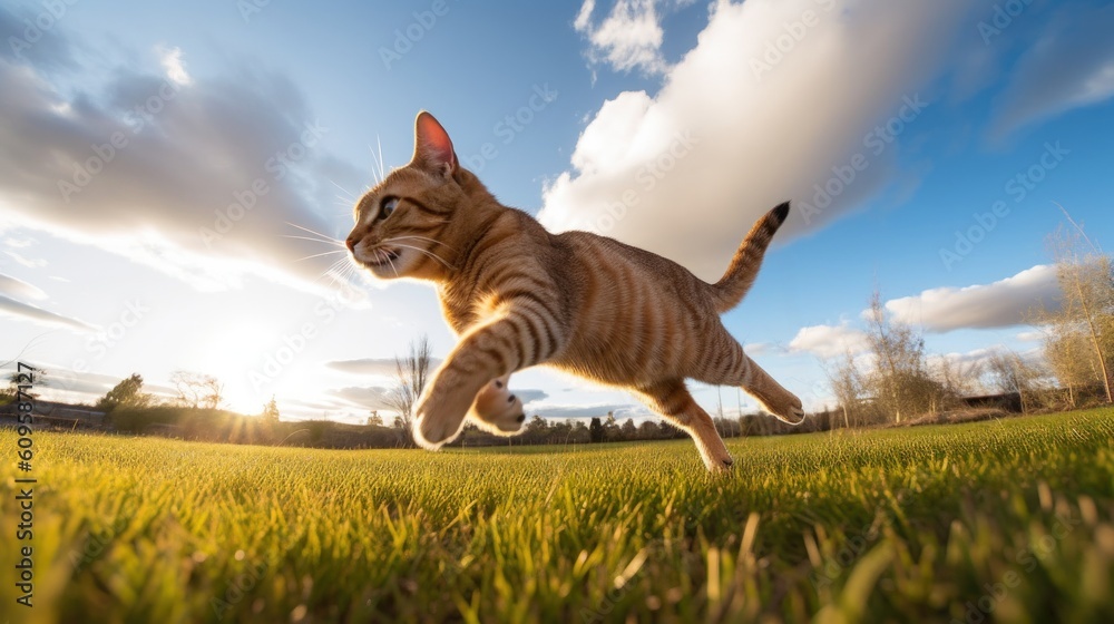 Cat run on the green grass, yard, meadow, lawn, field, garden in the ...