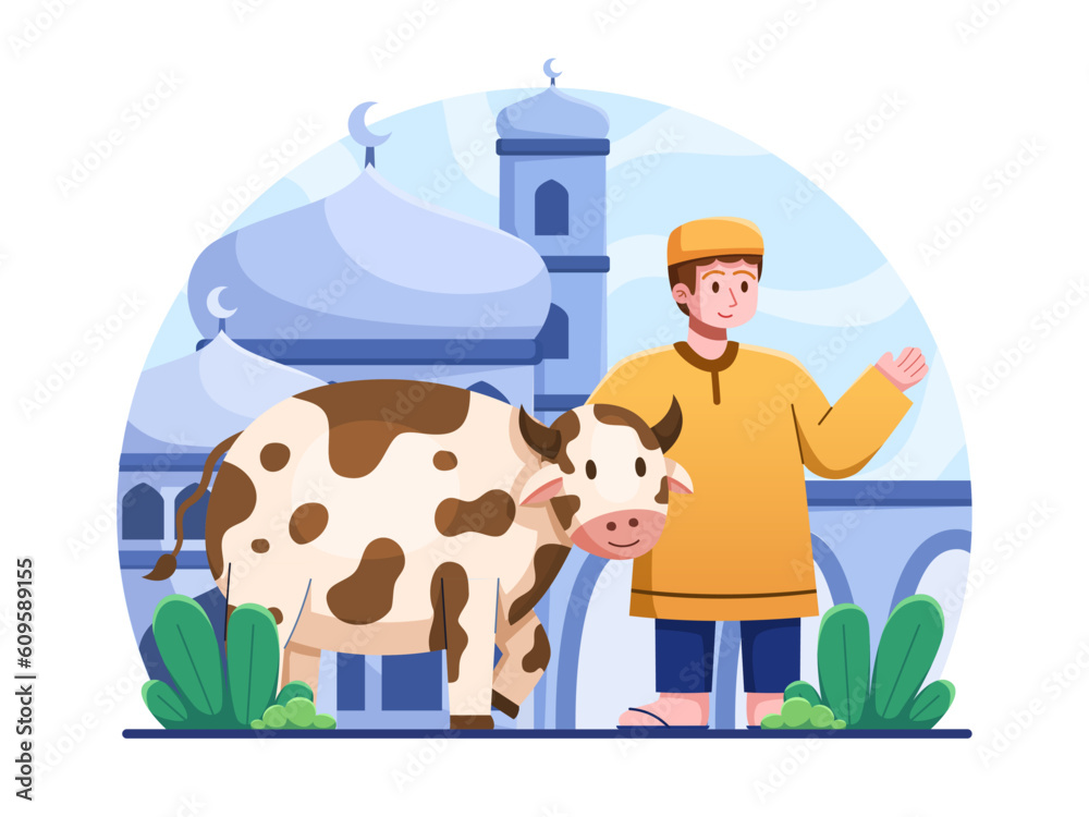 Illustration vector a Muslim man bring a sacrificial cow to be donated ...