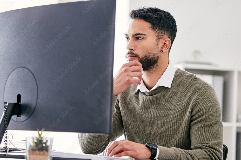 Thinking, planning and business man on computer for website solution ...