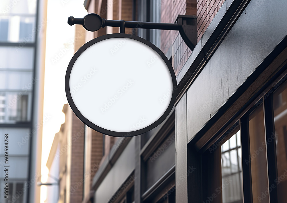 circle mockup of street store template signboard on empty wood wall ...
