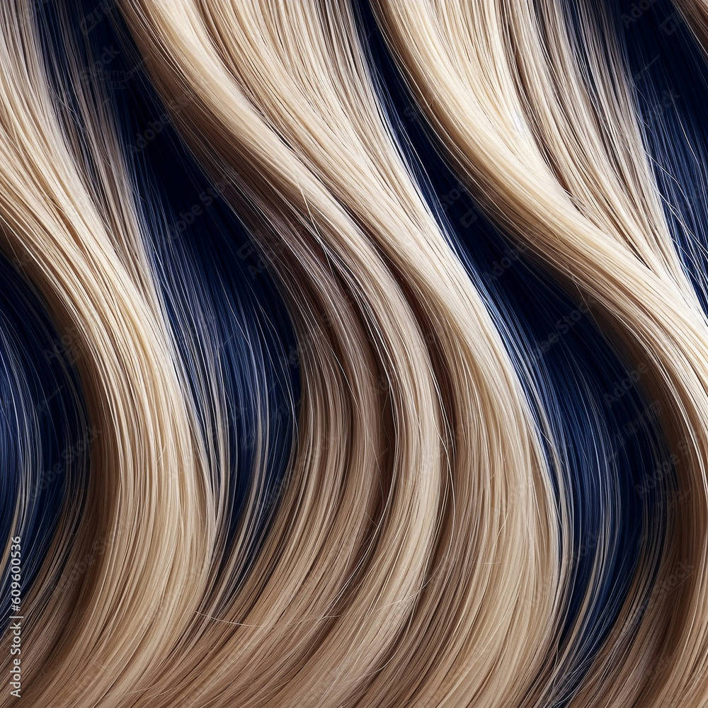 Close-up of blonde hair strands on dark blue background, beauty and ...
