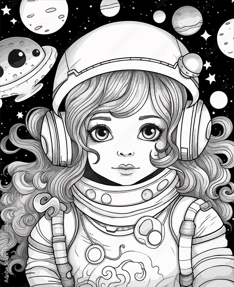 Vector illustration girl a astronaut in space coloring book for kids ...