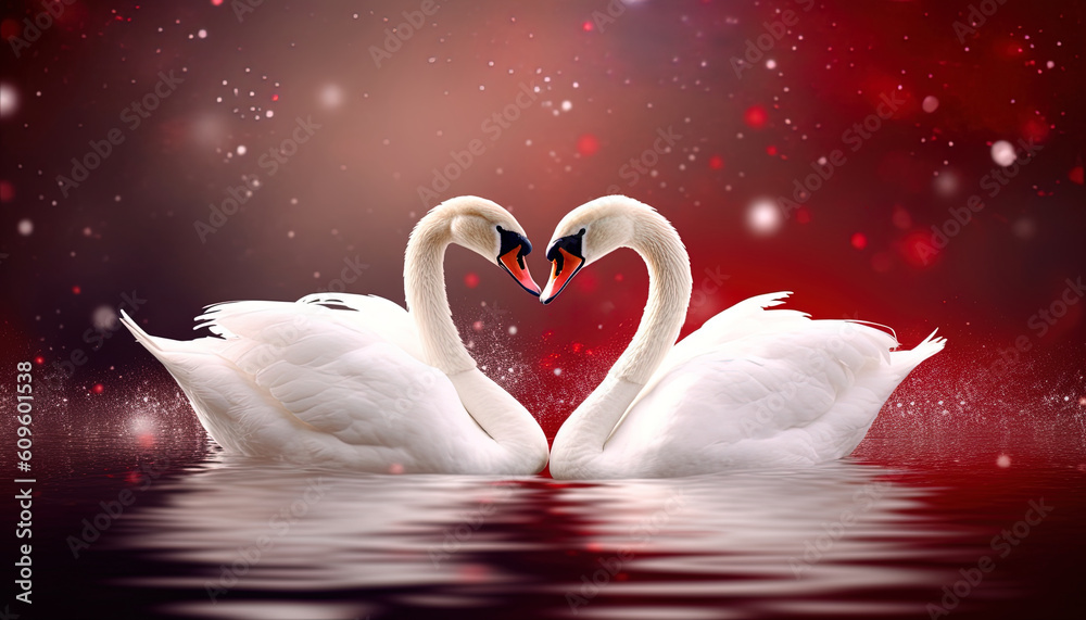 White swans couple on the lake with red gradient background for ...