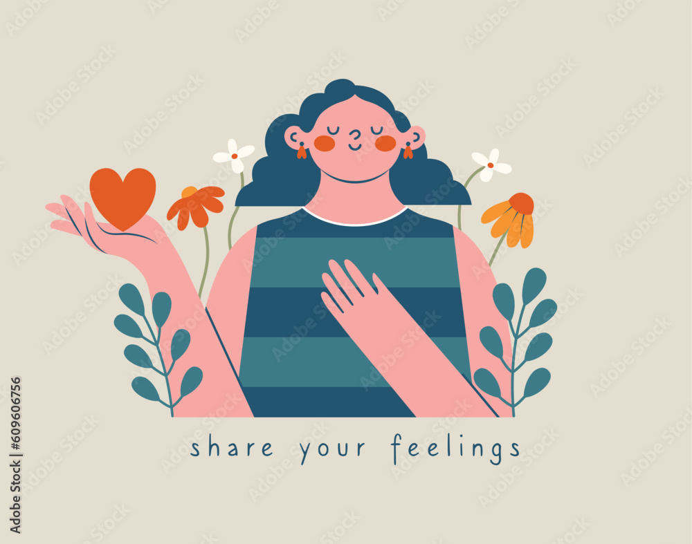 Single cute woman holding heart in hand. Cartoon comic girl with ...