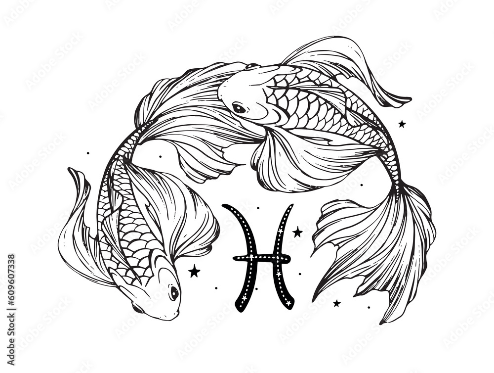 Pisces zodiac sign, boho line tattoo, two beautiful fish and astrology ...