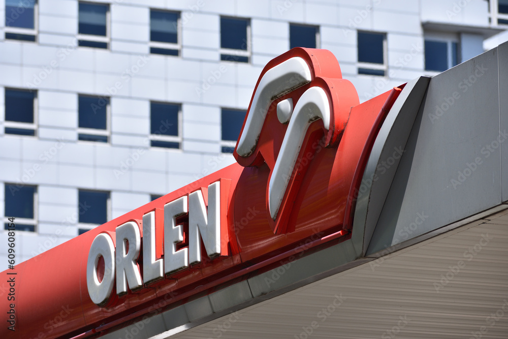 Orlen signage, logo, sign, emblem at the gas station, Polish oil ...