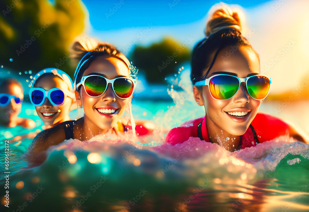Laughing kids swimming and splashing into the pool water. team, group ...