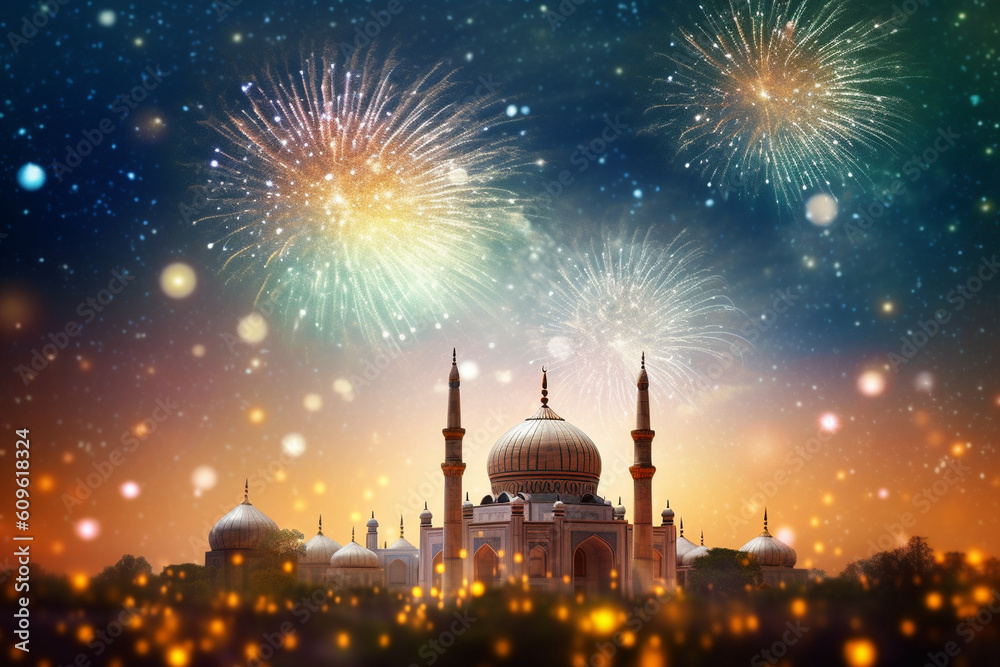 Islamic New Year fireworks display against a starry night sky, Islamic ...