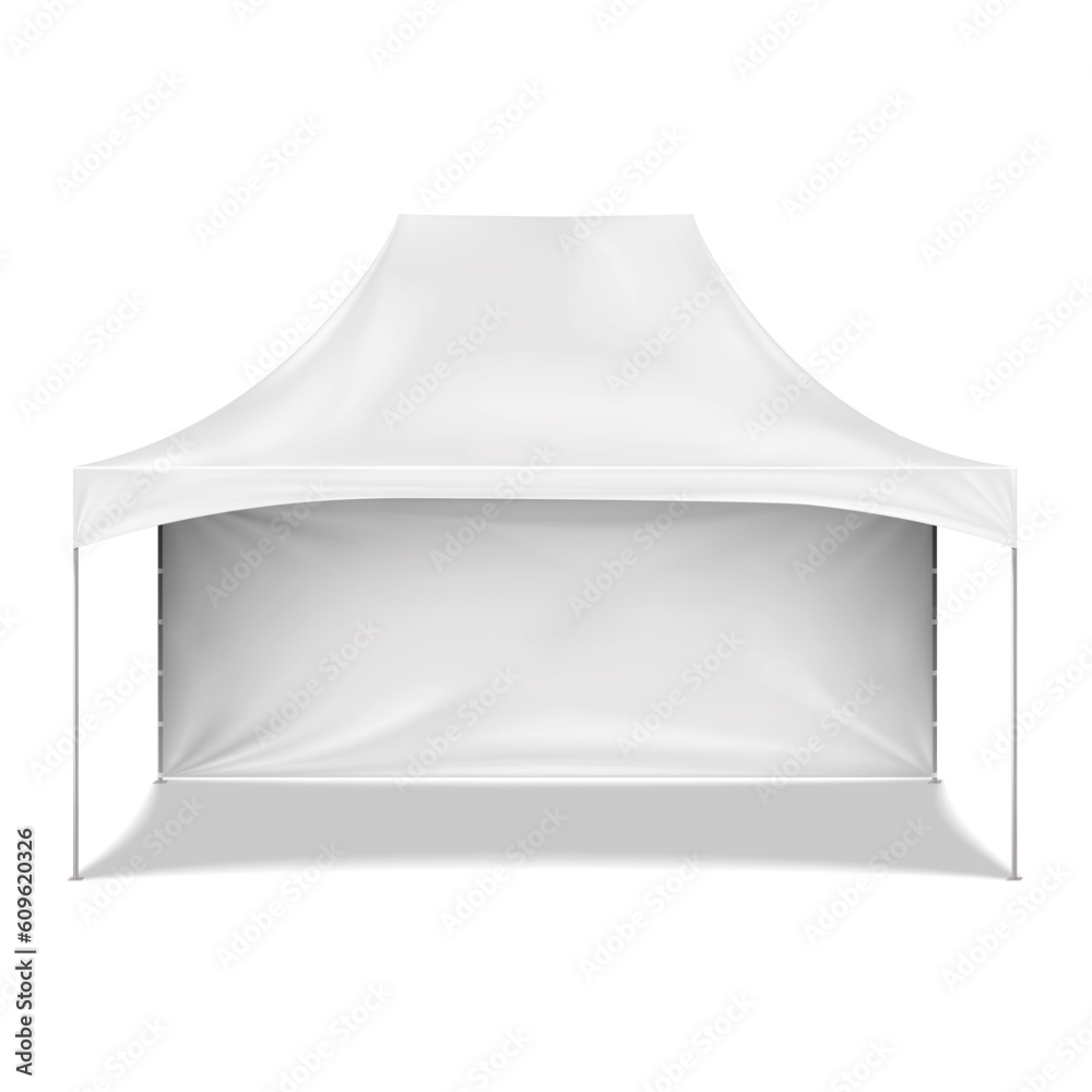 Blank white canopy tent with back wall realistic vector mockup. Camping ...