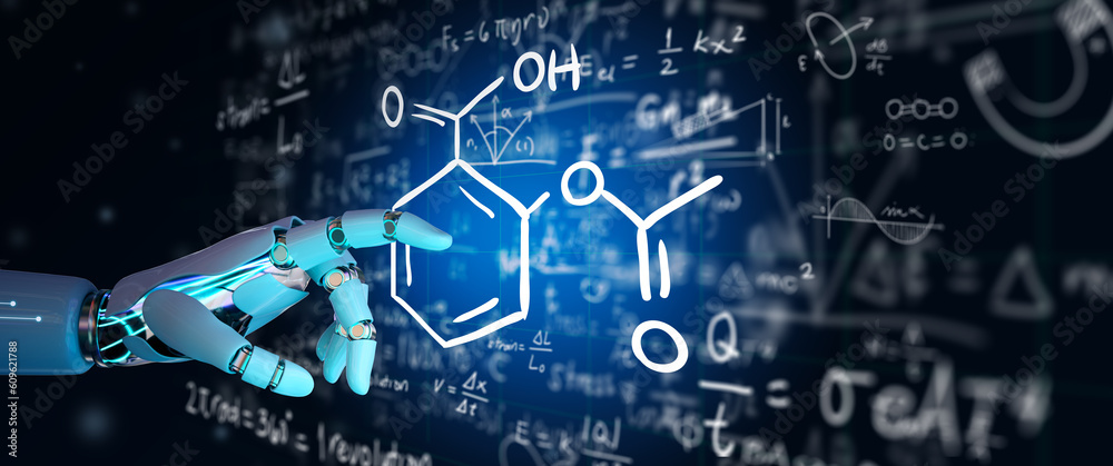 Ai Robot Hand on science formula and math equation abstract black board ...