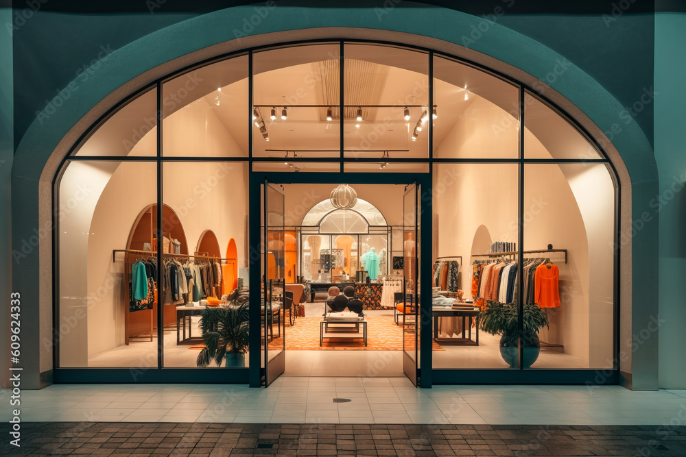 Modern Clothing Boutique with Glass Facade in Shopping Mall: Front View ...