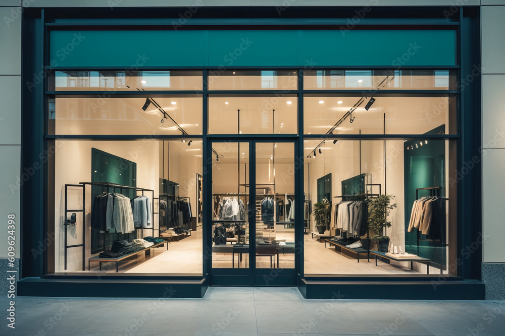 Modern Clothing Boutique with Glass Facade in Shopping Mall: Front View ...