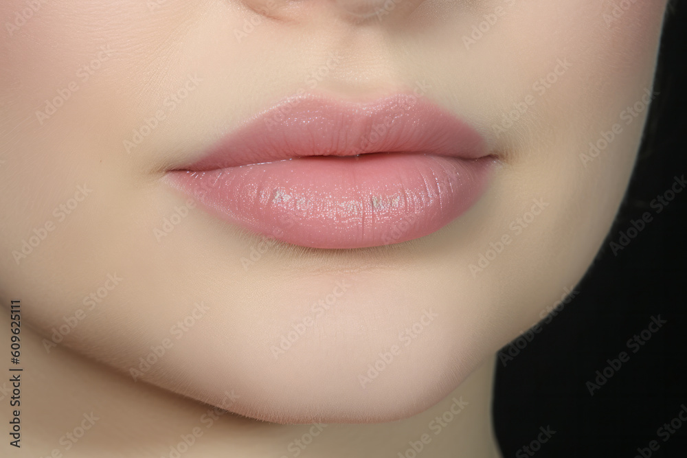 Close-up of enhanced female lips showcasing voluminous appearance ...