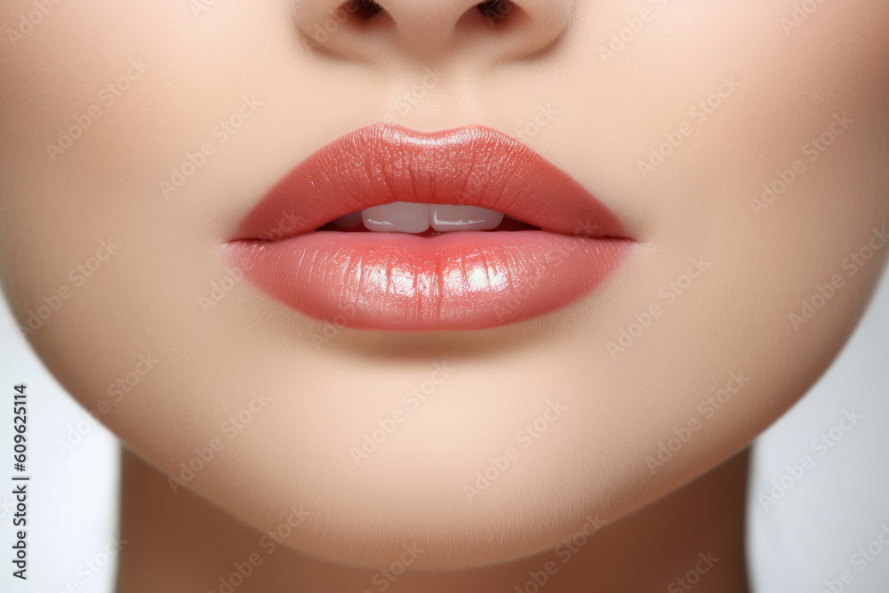 Close-up of enhanced female lips showcasing voluminous appearance ...
