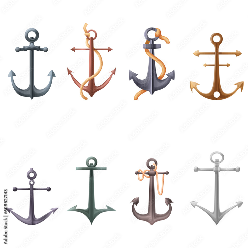 Set of different types of steel Anchors icons. Ship anchors various ...
