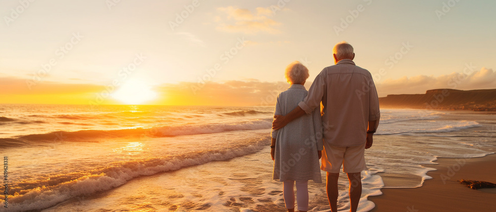 Happy seniors enjoying their golden years of retirement with a beach ...