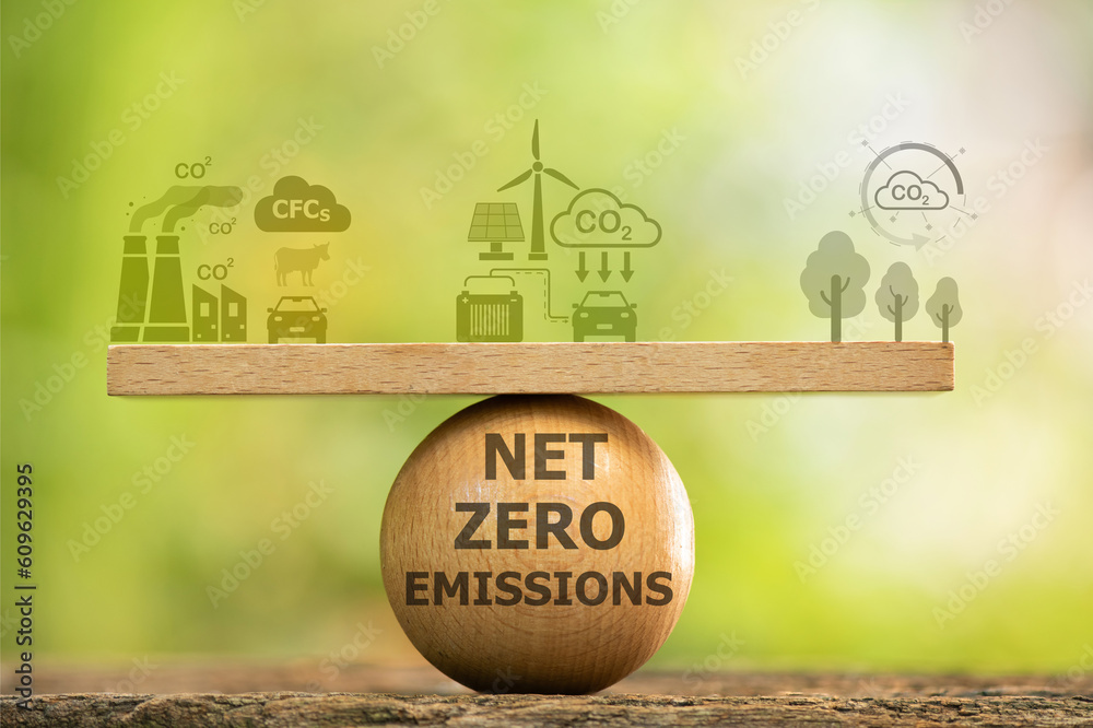 NET ZERO EMISSION text ,wood on nature background and icon. Stock Photo ...